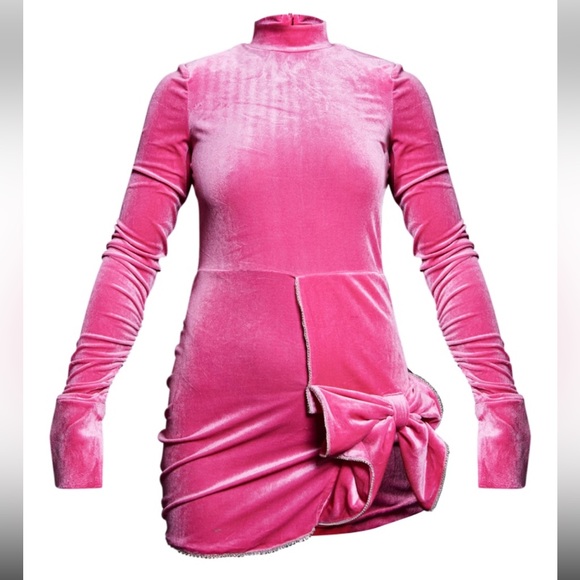 PrettyLittleThing | Dresses | Prettylittlething Hot Pink Velvet Diamante Trim High Neck Bow ...